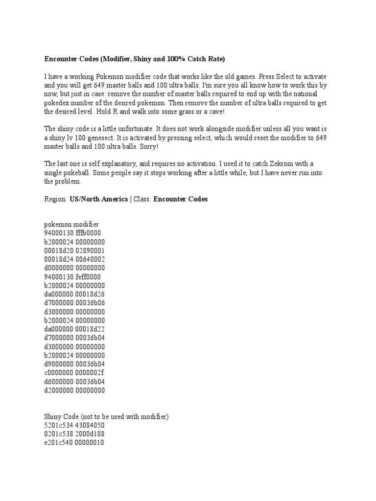 Encounter Codes (Modifier, Shiny and 100% Catch Rate) | PDF
