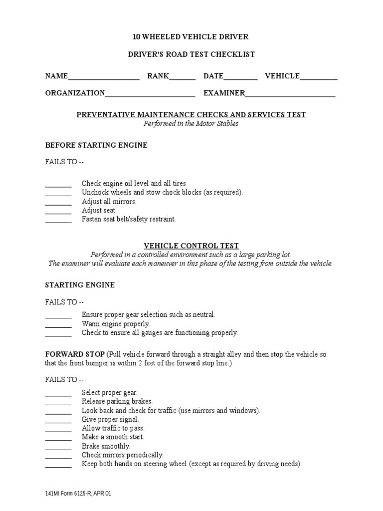 Driver's Road Test Checklist | PDF | Traffic | Vehicles