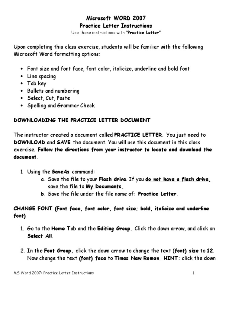 A Practice Letter Instructions | Microsoft Word | Paragraph