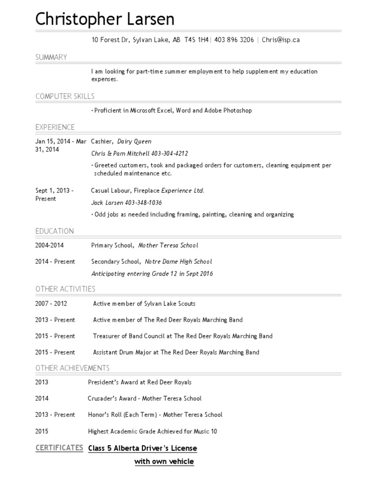 Chris Larsen's Summer Job Resume | PDF