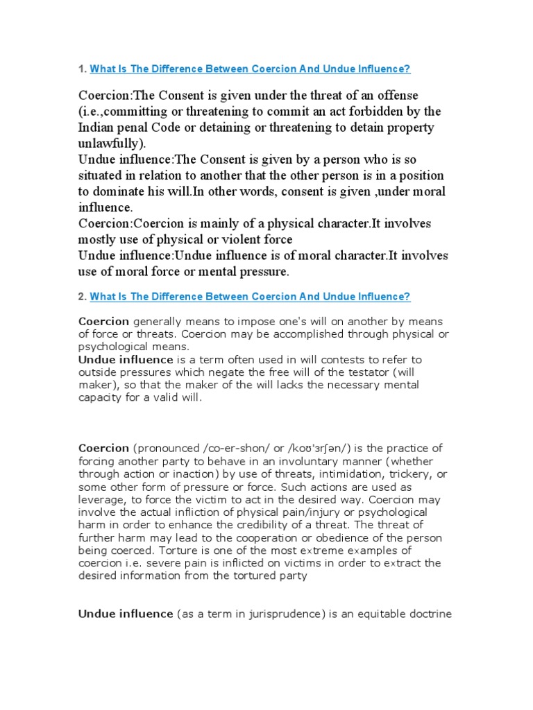 Coercion Vs Undue Influence | PDF | Coercion | Private Law