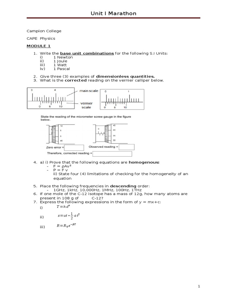 CAPE Physics Unit I Marathon | PDF | Resonance | Acceleration