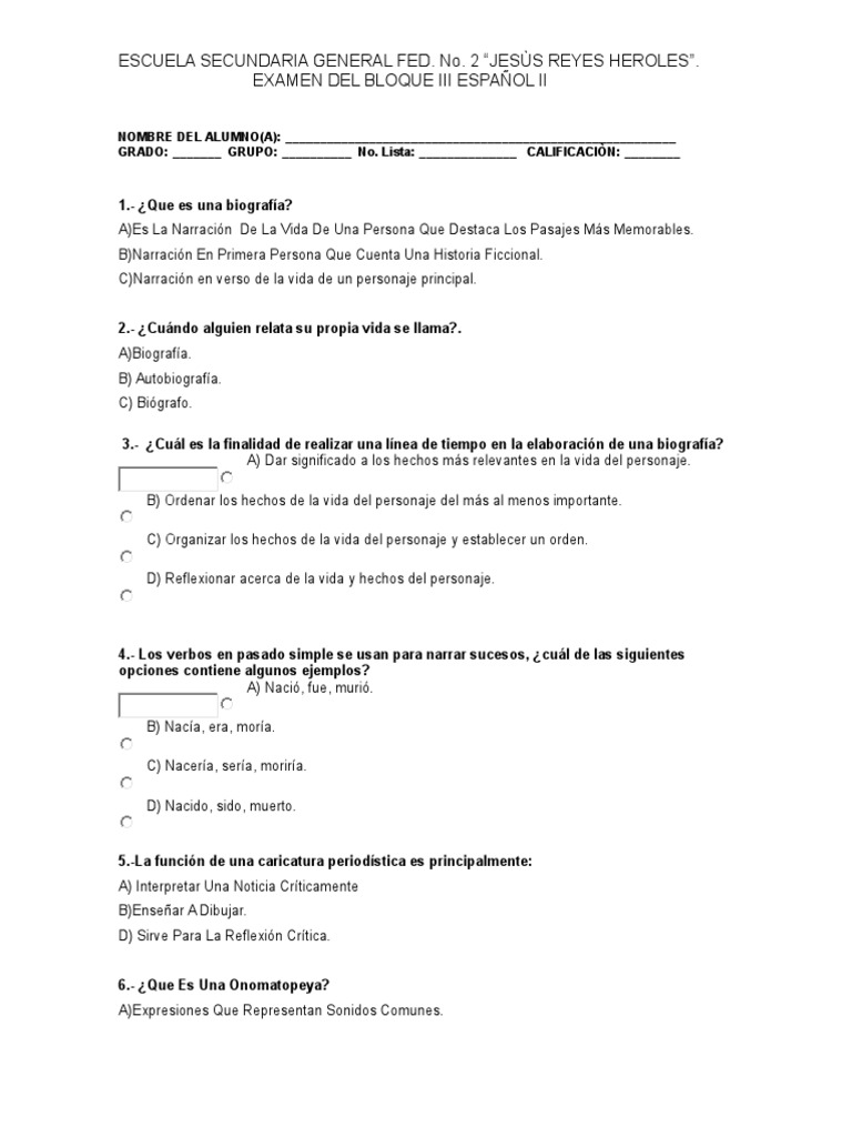 Examen Español II Bloque 3 | PDF | Biografía | Pobreza