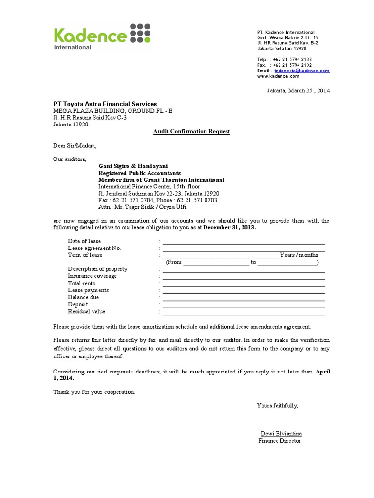 Audit Confirmation Request 2014 | PDF | Lease | Accounting And Audit