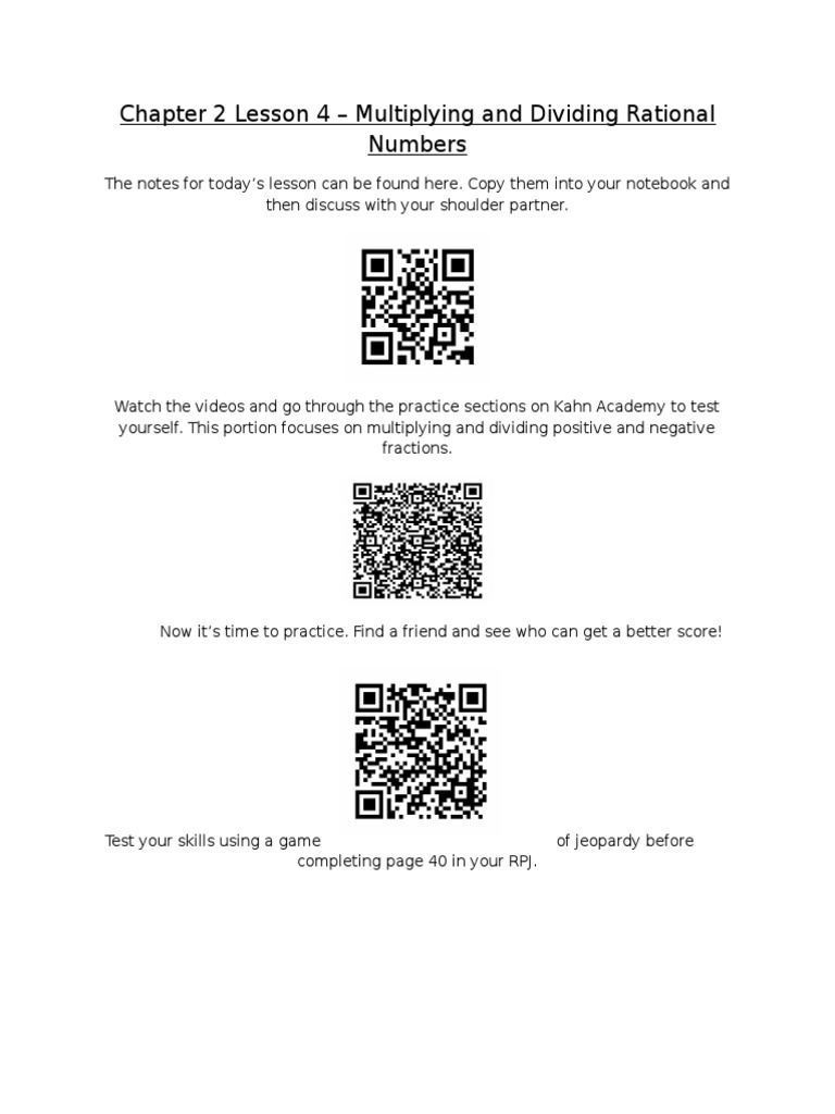 Chapter 2 Lesson 4 - Multiplying and Dividing Rational Numbers | PDF ...
