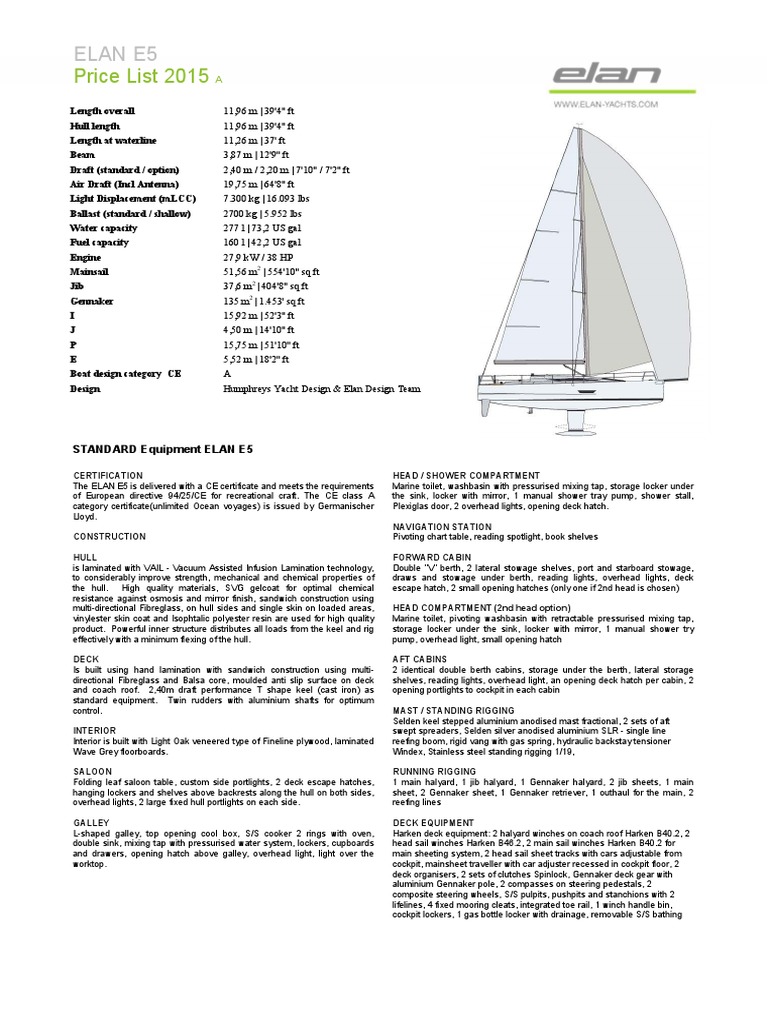 Elan E5 Price List 2015a | PDF | Deck (Ship) | Hull (Watercraft)