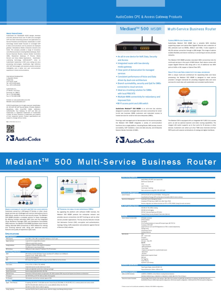 Mediant 500 MSBR Datasheet | Network Protocols | Telecommunications ...