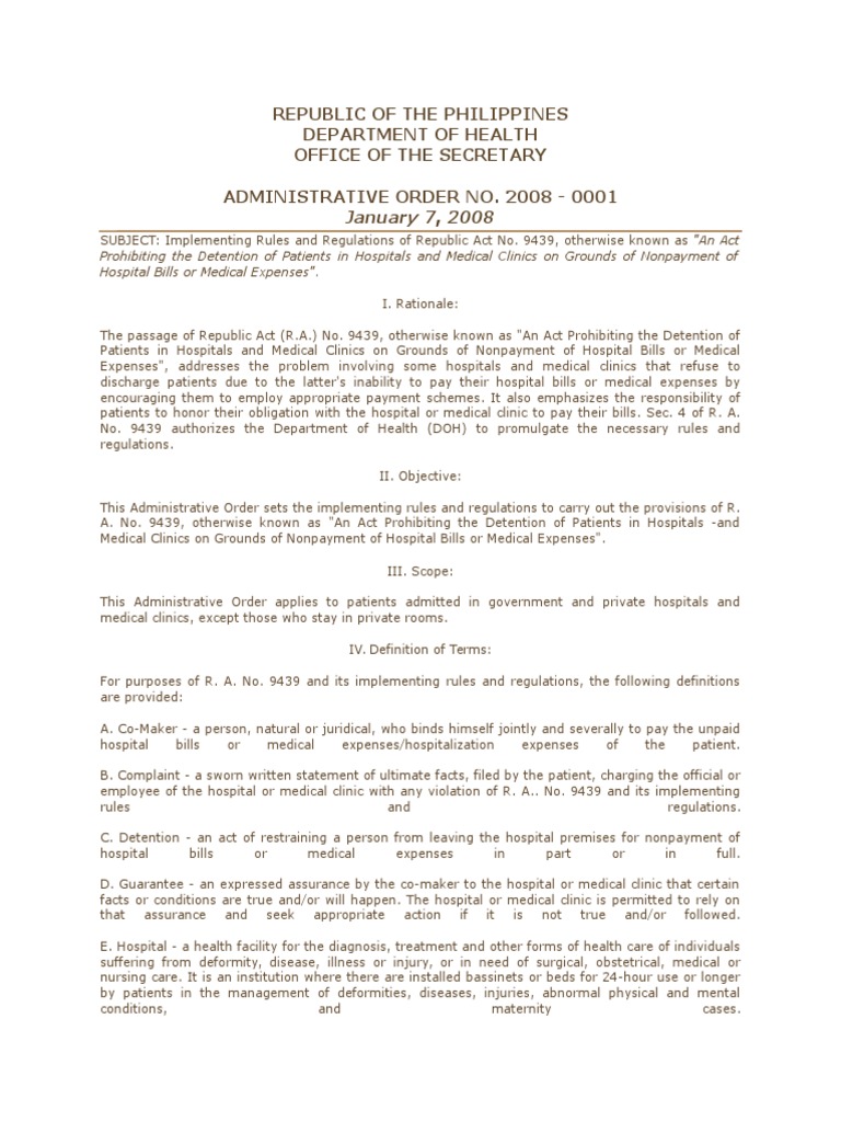 Administrative Order No. 2008-0001 | Hospital | Patient | Free 30-day ...