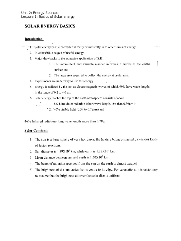 Unit 2: Energy Sources Lecture 1: Basics of Solar Energy | PDF