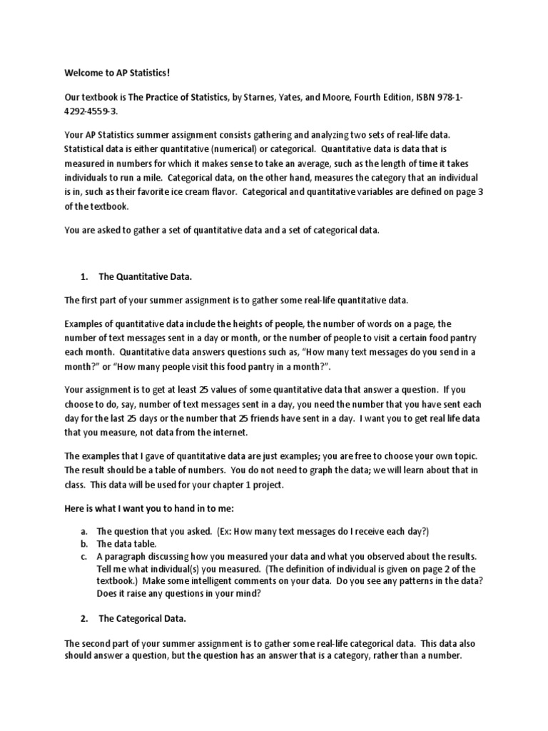 An Introduction to the AP Statistics Summer Assignment: Collecting and ...