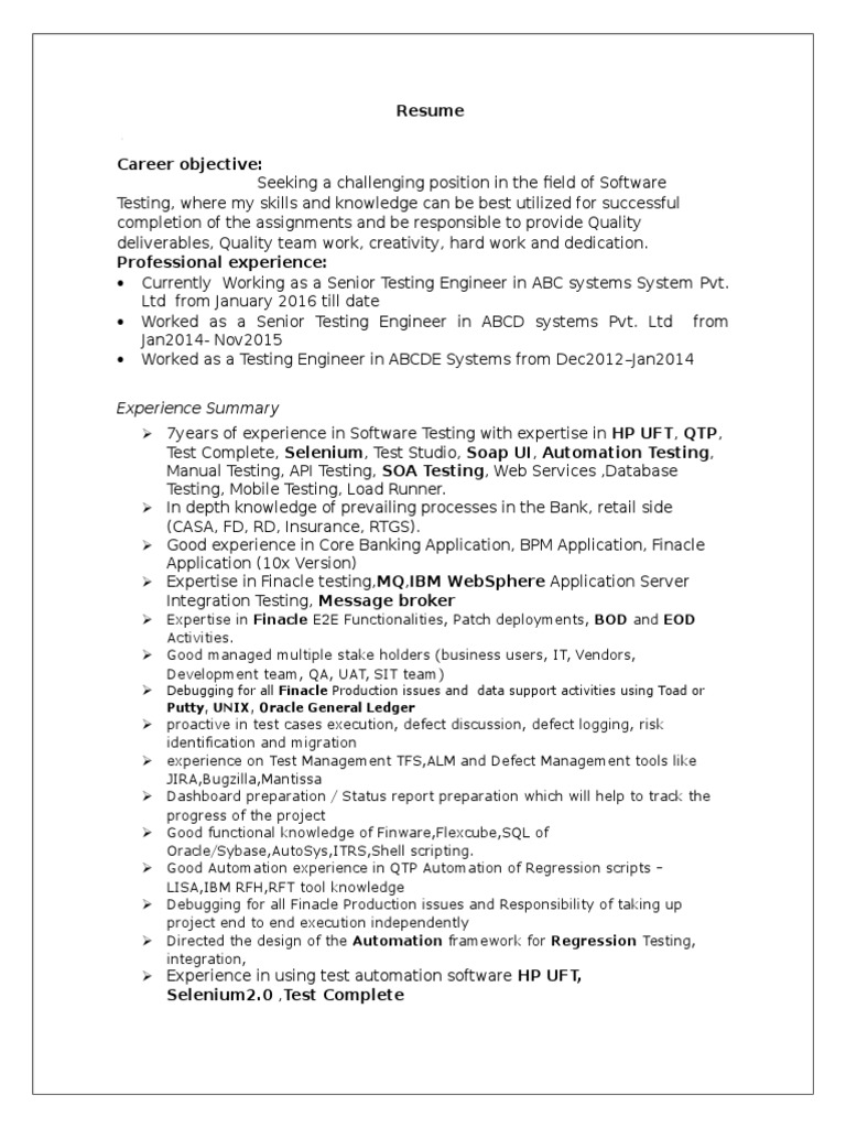 Resume Career Objective:: Experience Summary | PDF | Selenium (Software) | Scripting Language