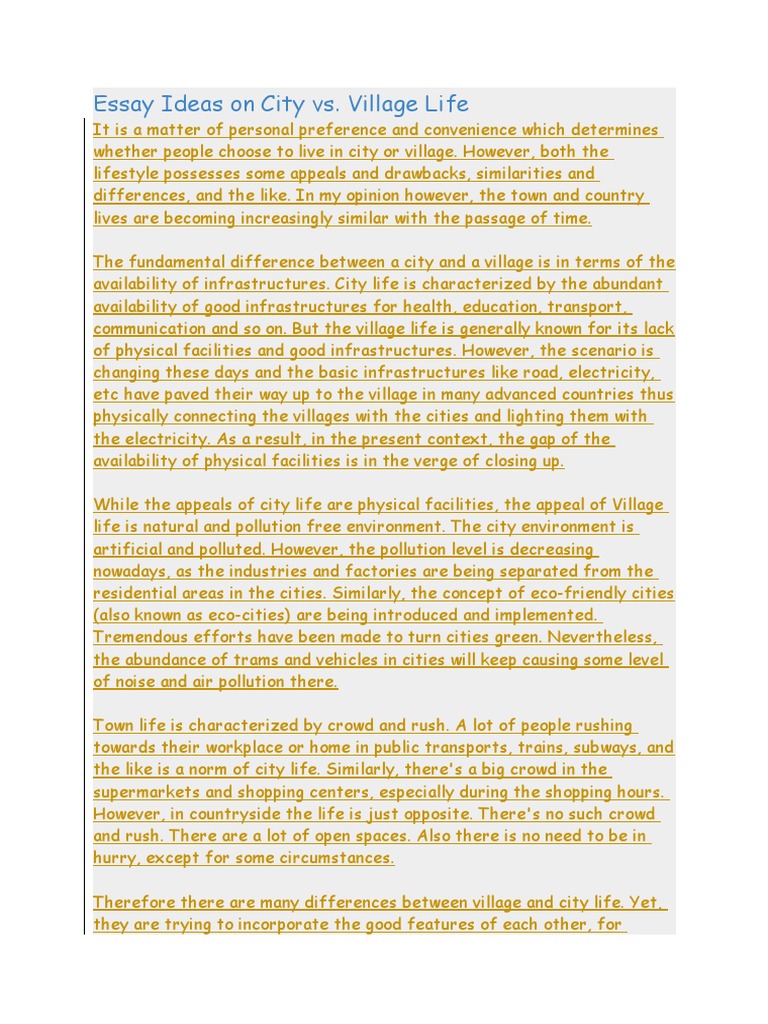 Essay Ideas On City vs. Village Life | PDF | Infrastructure | Pollution