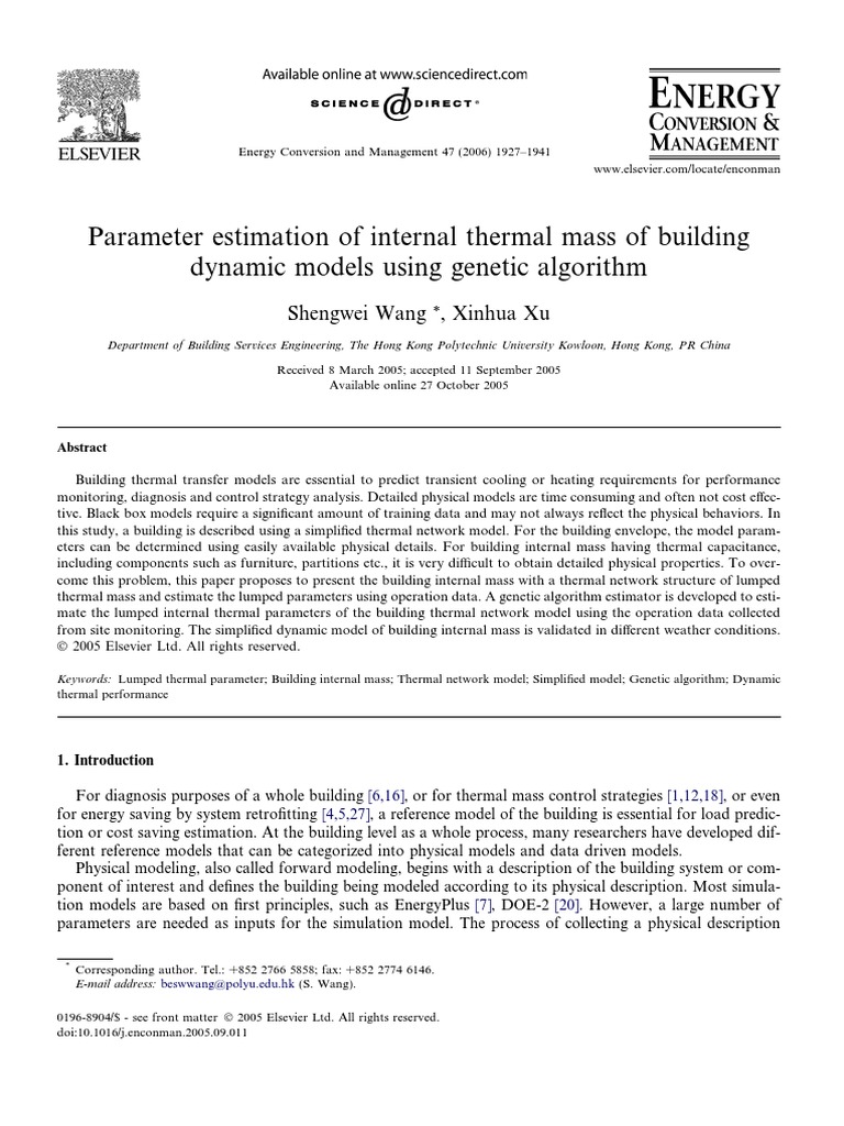 Parameter Estimation of Internal Thermal Mass of Building Dynamic Models Using Genetic Algorithm ...