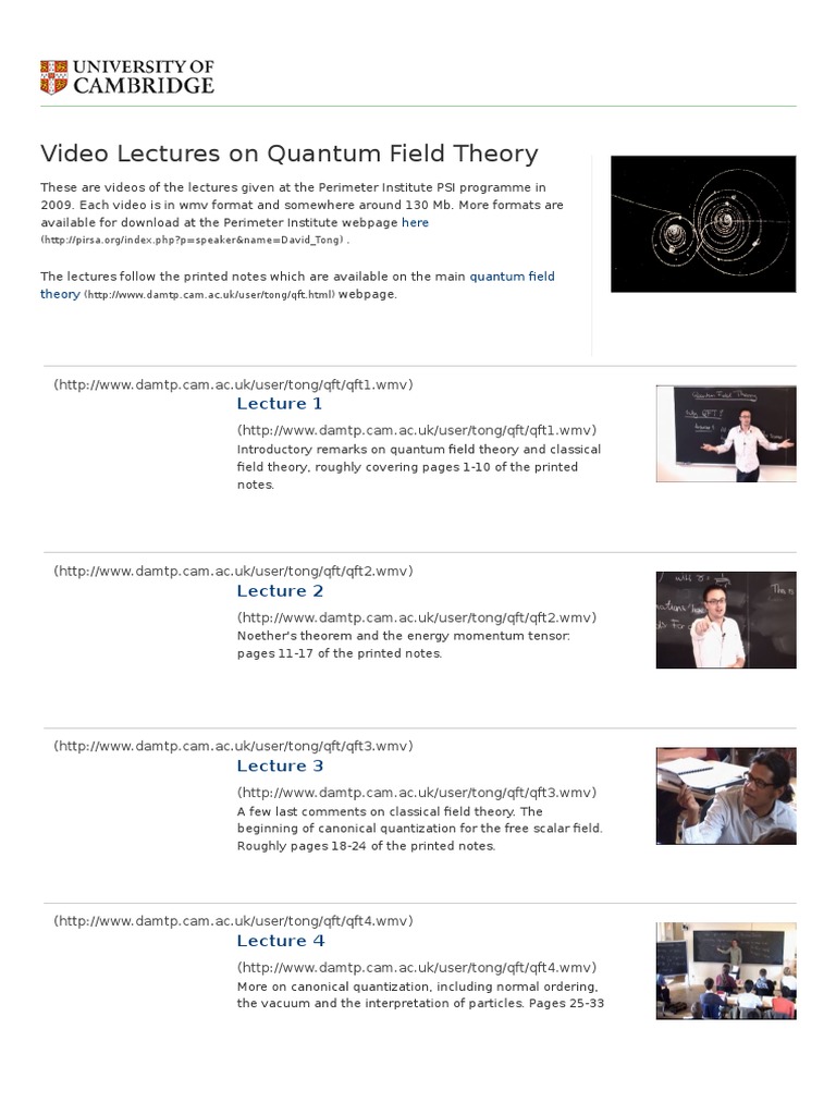 Video Lectures On Quantum Field Theory | PDF | Quantization (Physics) | Quantum Field Theory