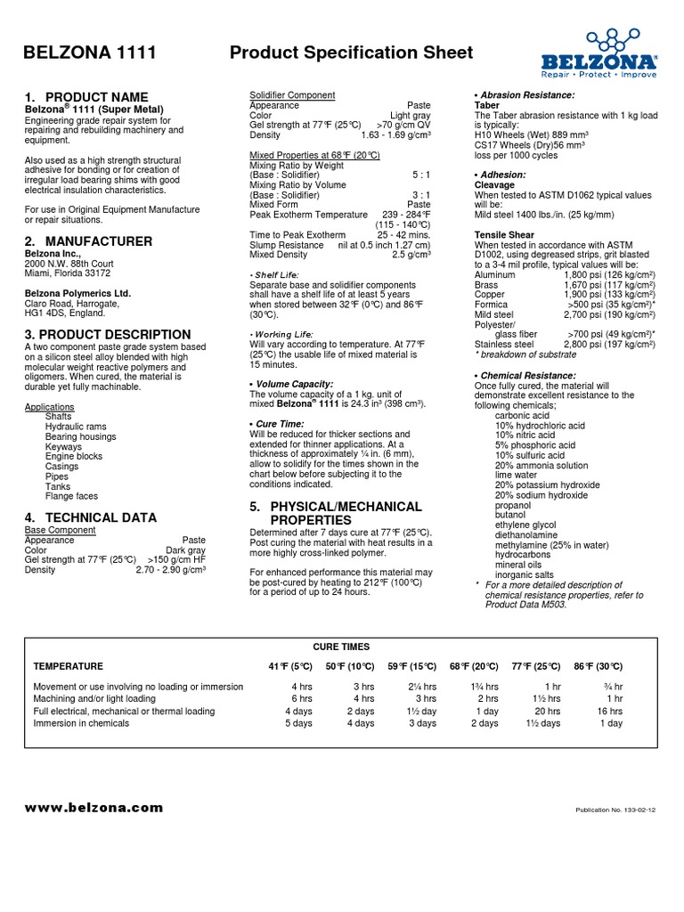 BELZONA 1111 Product Specification Sheet | PDF | Strength Of Materials ...