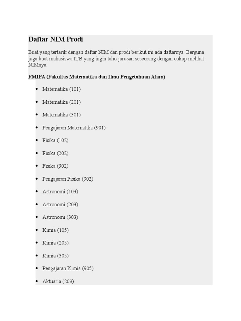 Daftar NIM Prodi ITB | PDF