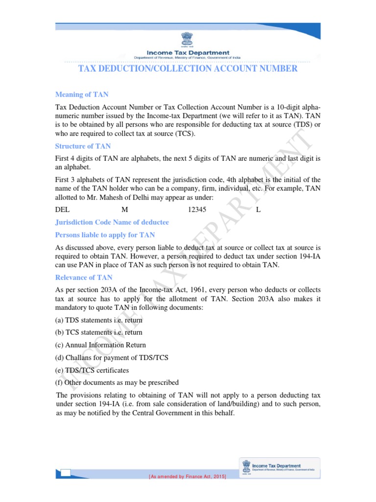 Tax Deduction/Collection Account Number: Meaning of TAN | PDF | Taxes ...