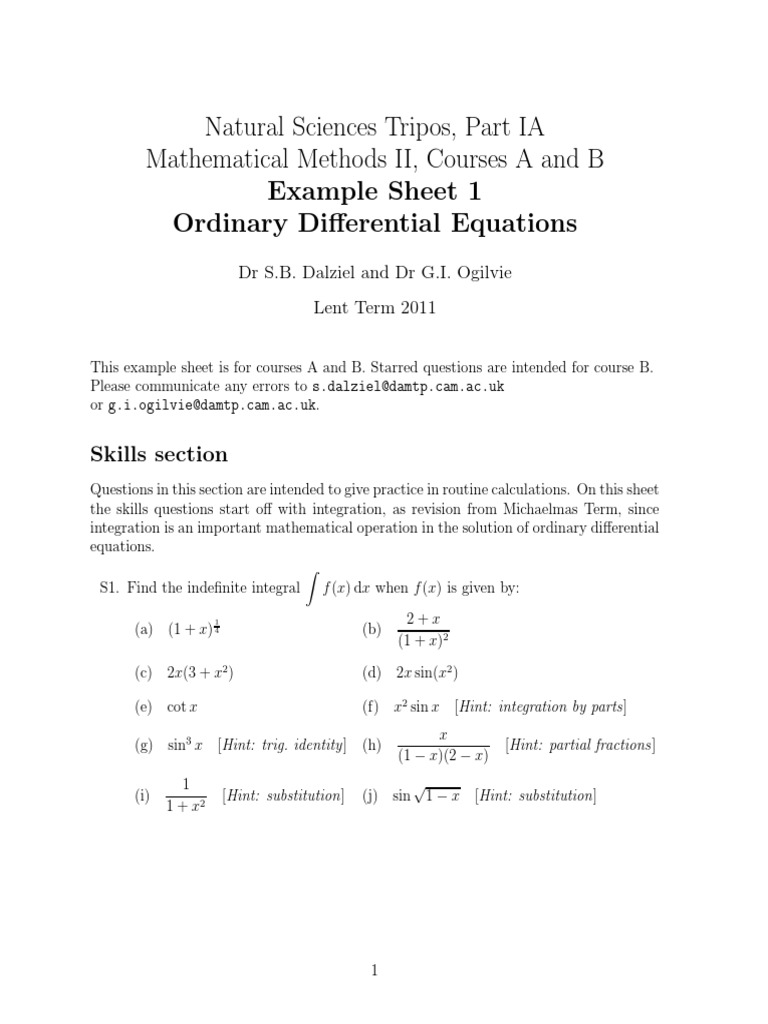 Example Sheet For Ordinary Differential Equations | PDF | Capacitor ...