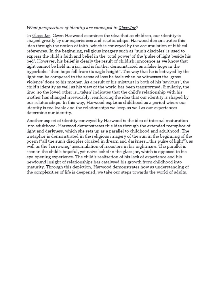 Glass Jar Gwen Harwood Analysis | PDF | Childhood | Psychological Concepts