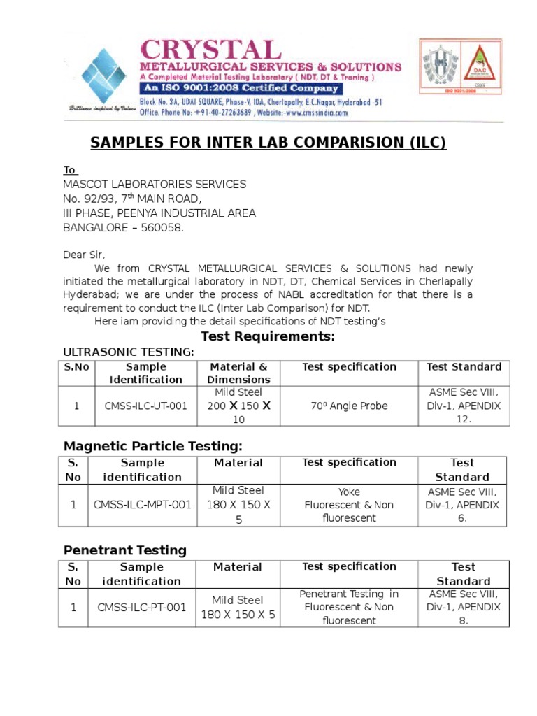 Samples For Inter Lab Comparision (Ilc) : Test Requirements | PDF