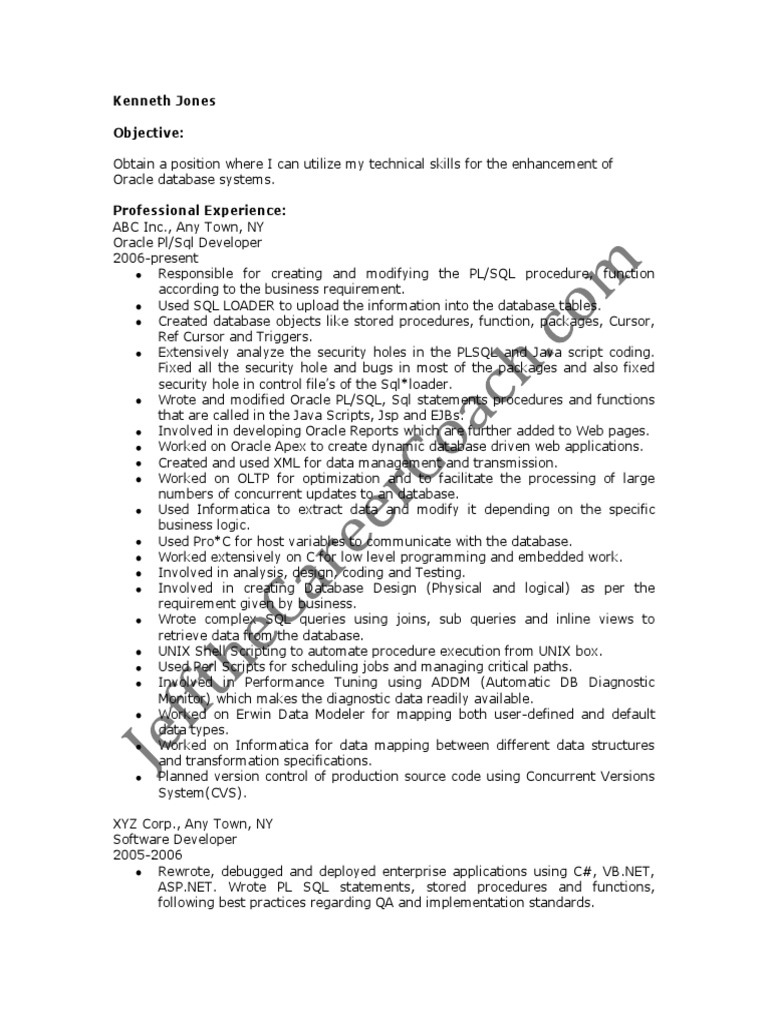 Pl Sql Developer Sample Resume Pdf Pl Sql Oracle Database
