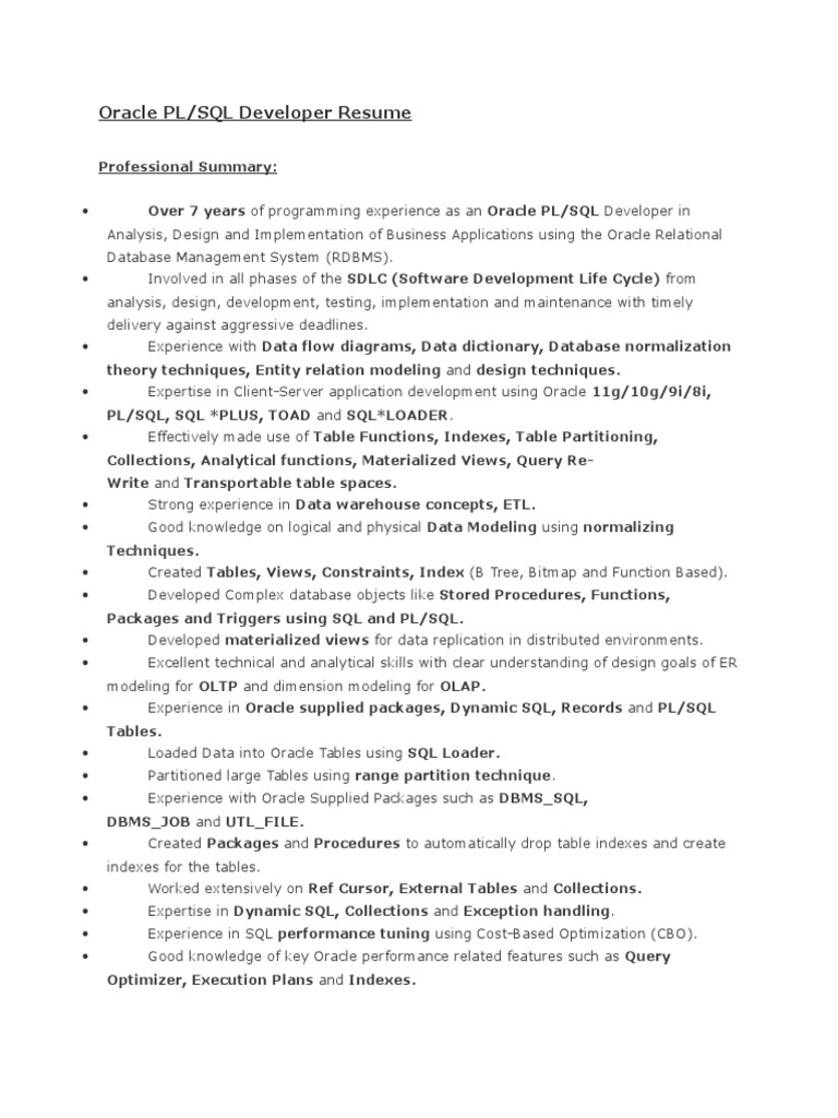 Oracle PLSQL Developer Resume | PDF | Pl/Sql | Databases