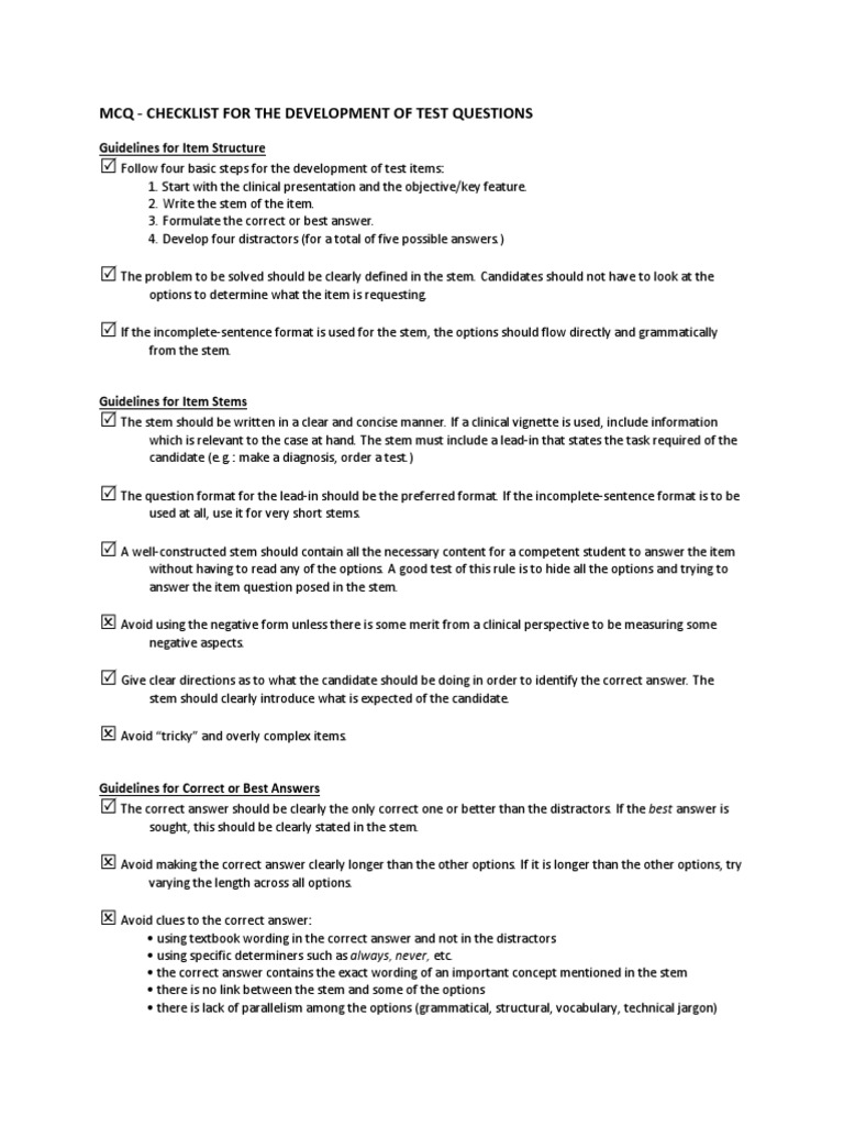 MCQ Checklist For Development Test Questions PDF | PDF | Cognition ...