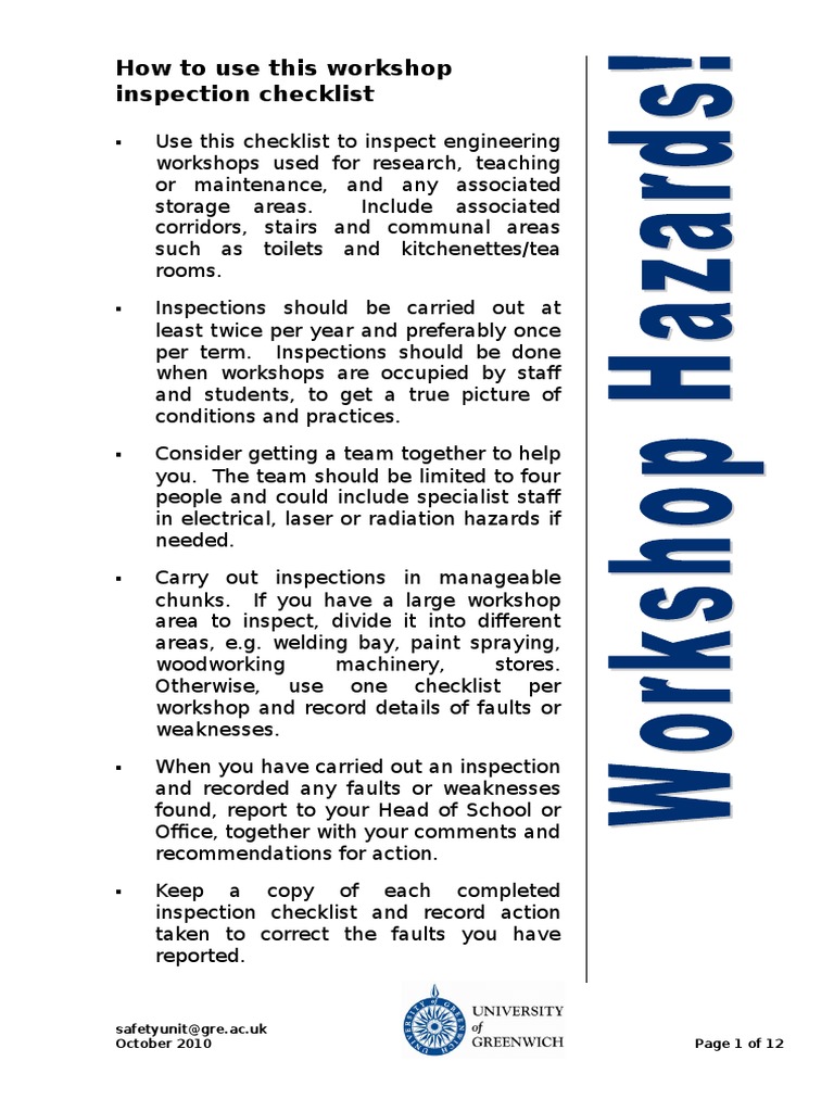Workshop Inspection Checklist | PDF | Personal Protective Equipment ...