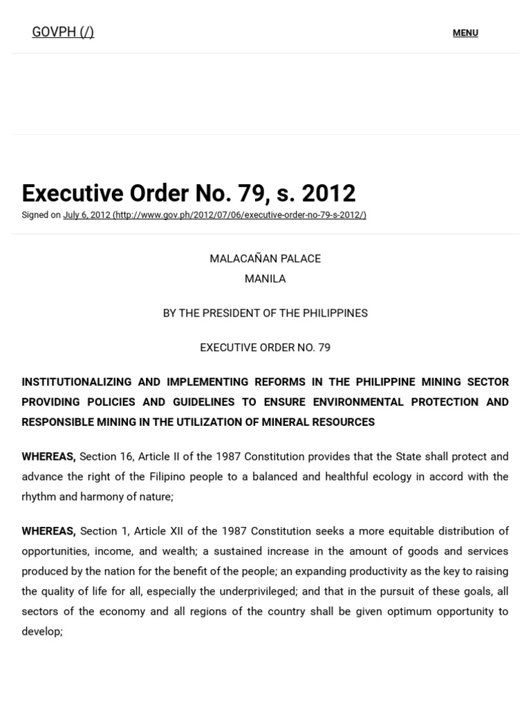 Executive Order No. 79 | PDF | Mining | President Of The Philippines