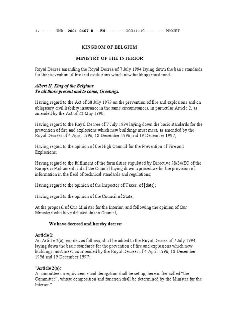 Belgian Royal Decree Fire and Explosions | Decree | Official Documents