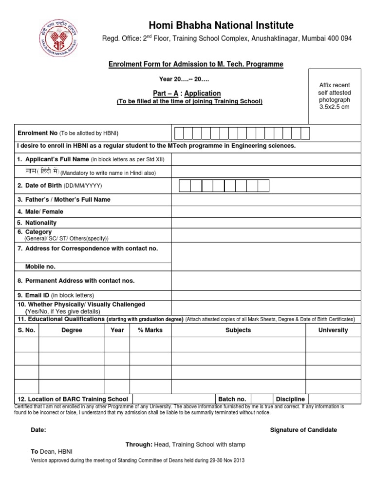 Homi Bhabha National Institute: Enrolment Form For Admission To M. Tech ...