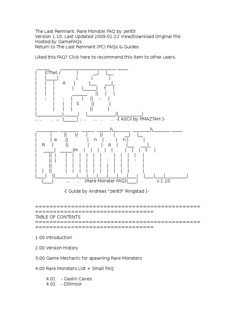 The Last Remnant Rare Monster List | PDF | Nature