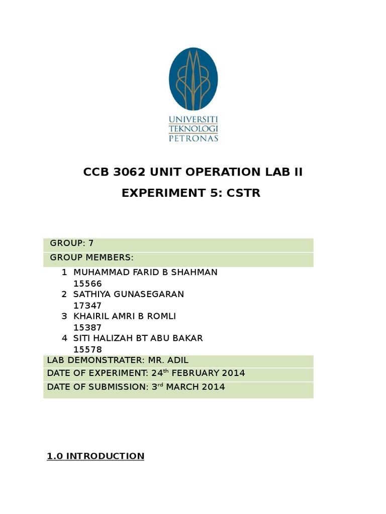 Final Report CSTR | PDF | Chemical Reactor | Flow Measurement