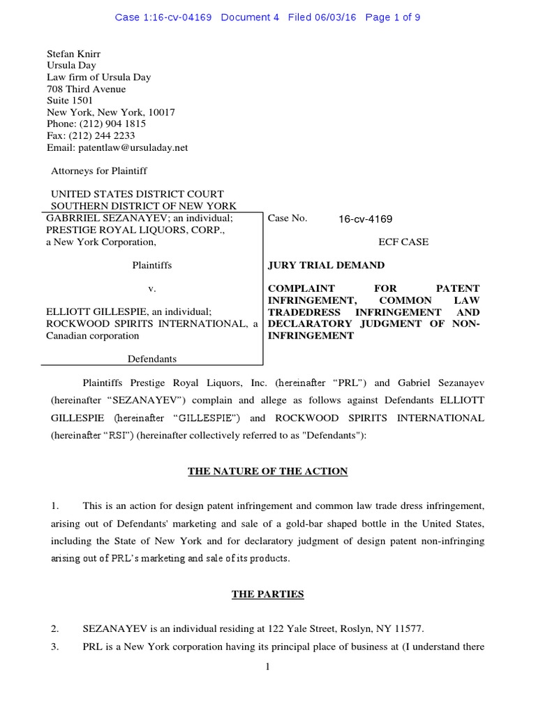Sezanayev v. Gillespie - Complaint | PDF | Patent Infringement | Declaratory Judgment