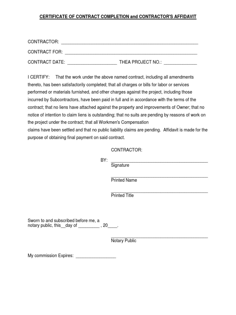 Certificate of Contract Completion and Contractor Affidavit | PDF