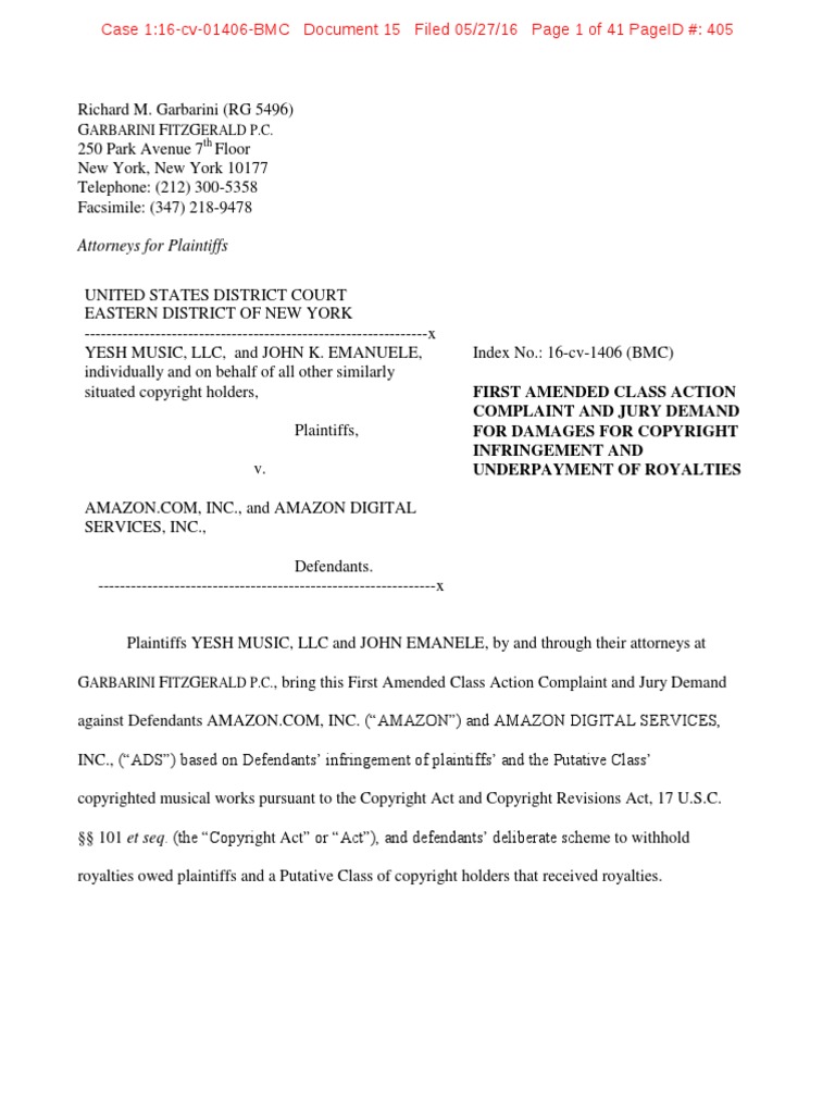 Yesh Music v. Amazon - First Amended Complaint PDF | PDF | Lawsuit | Copyright