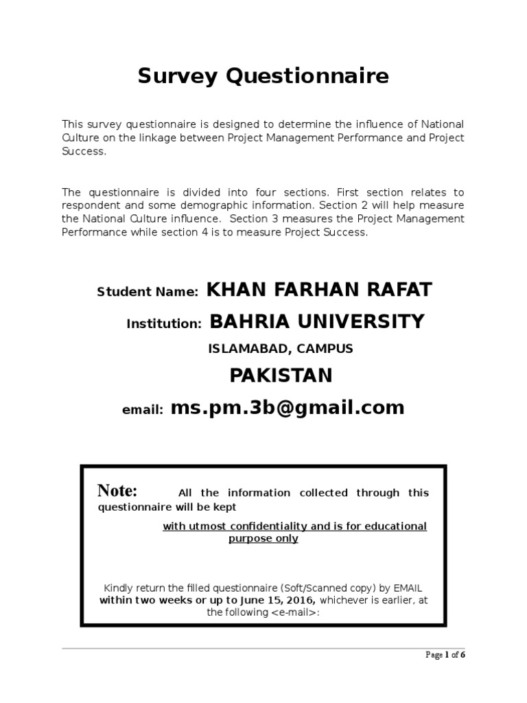 Survey Questionnaire: Khan Farhan Rafat Bahria University Pakistan ...