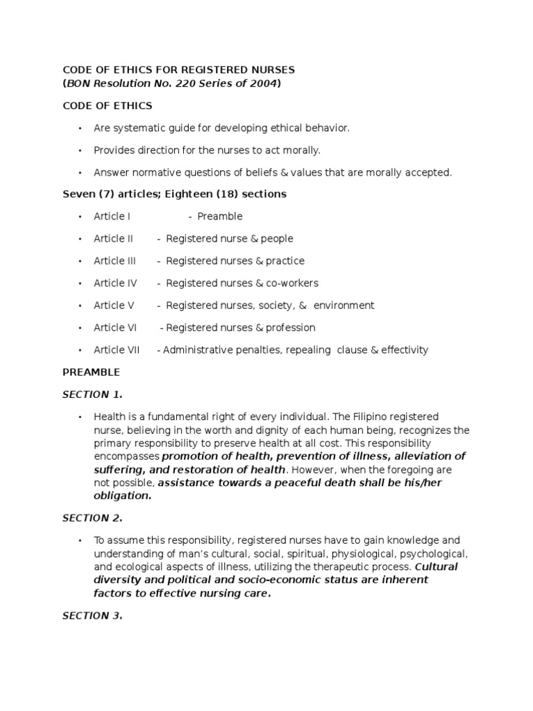 BON Code of Ethics for Nurses 2004 | PDF | Nursing | Health Care
