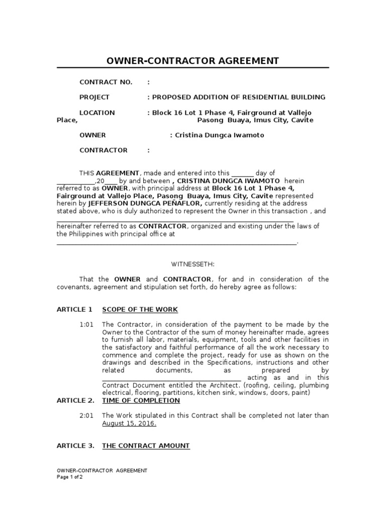 Owner-Contractor Agreement for Home Addition | PDF | General Contractor ...