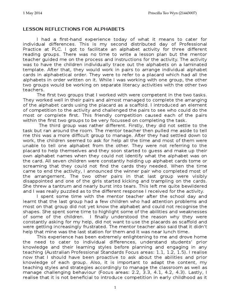 Reflections For Lesson On Alphabets | PDF | Mentorship | Lesson Plan