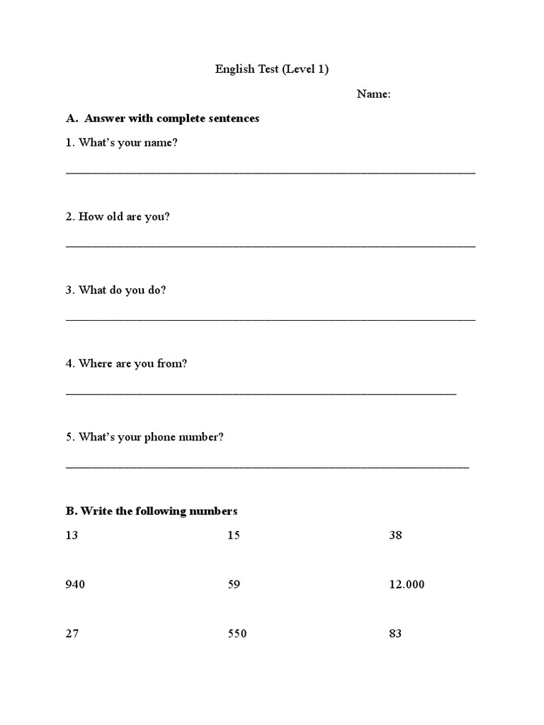 English Test Level 1 | PDF | Foreign Language Studies