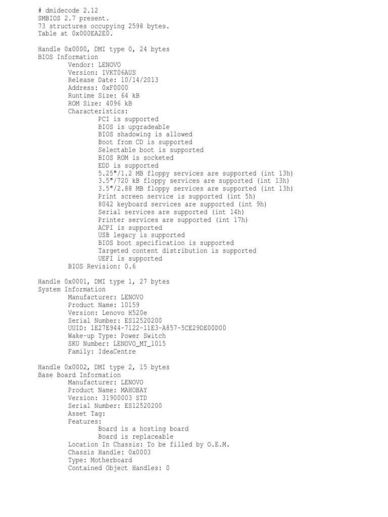 Lenovo DMI Decode | PDF | Cpu Cache | Bios