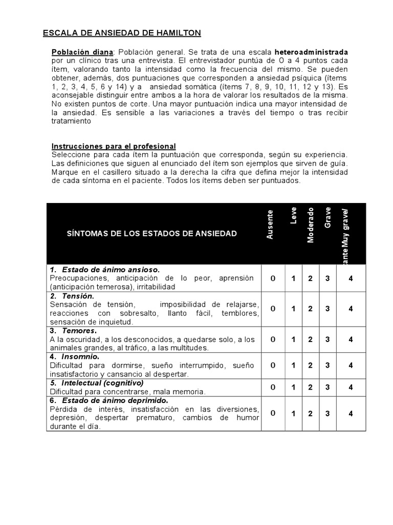 Escala de Ansiedad de Hamilton | PDF | Ansiedad | Estado de ánimo ...