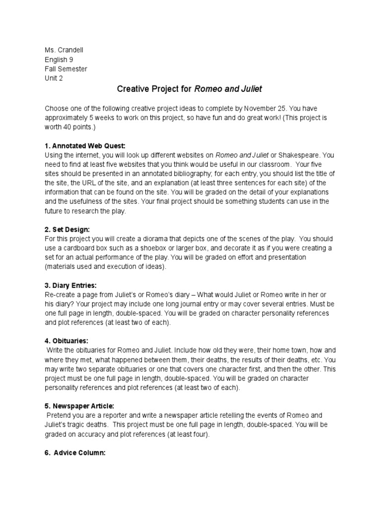 English 9 Fall Semester Unit 2 Romeo and Juliet Creative Project | PDF ...