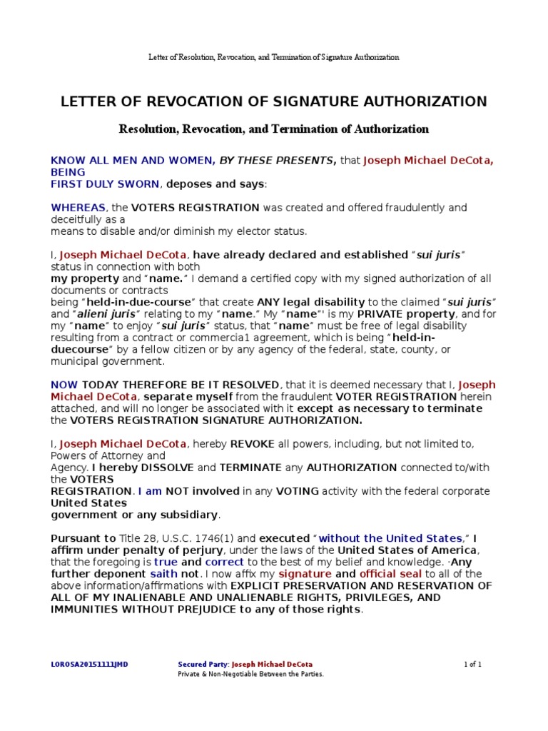 Revocation of Signature Authorization | PDF | Voter Registration ...