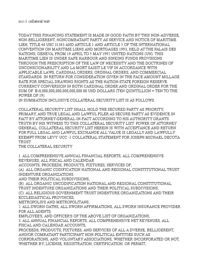 Collateral Text For UCC-1 | PDF | Uniform Commercial Code | Government
