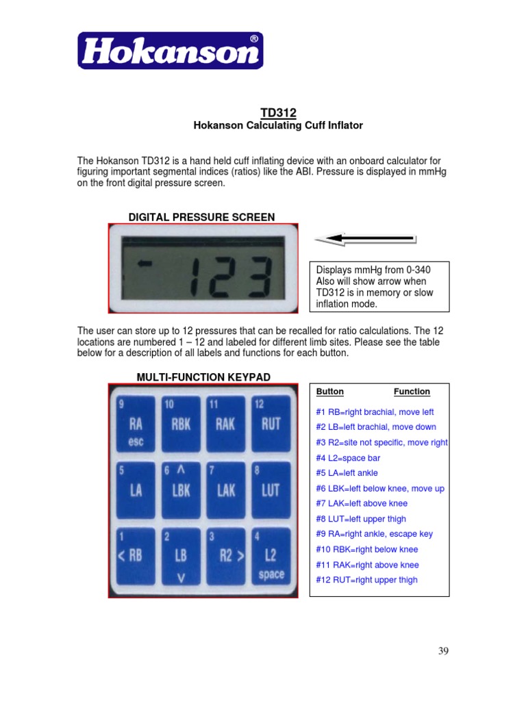 Hokanson TD312 Cuff Inflator User Manual: Instructions for Taking ...