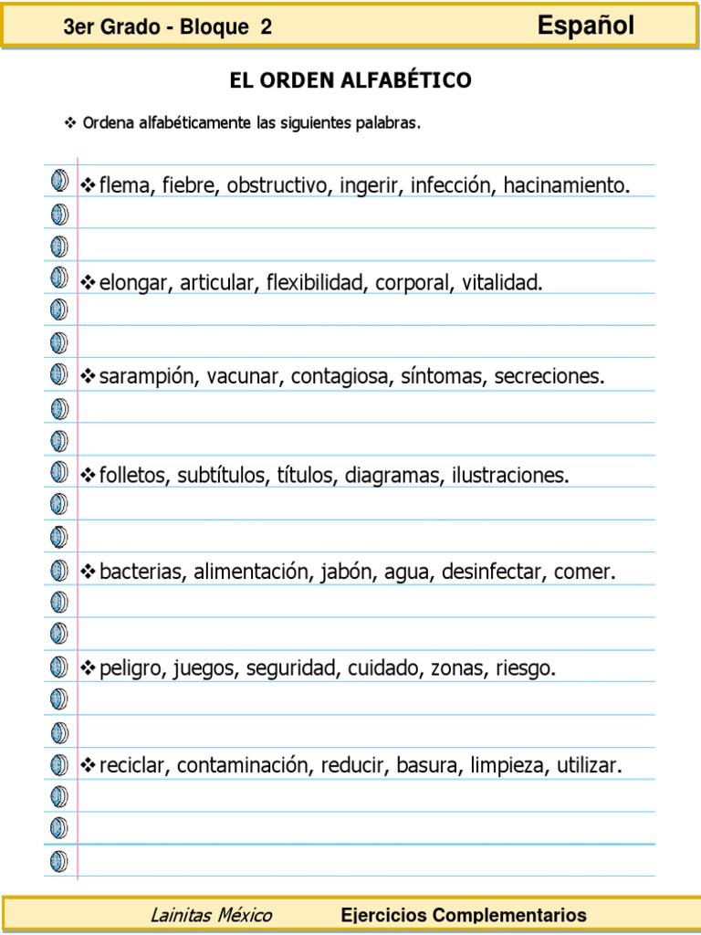 Ejercicios de Orden Alfabético 3er Grado | PDF