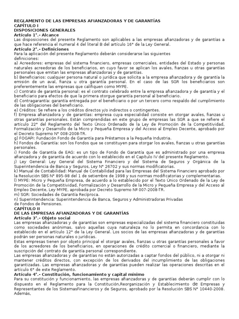 Reglamento de Las Empresas Afianzadoras y de Garantías | PDF | Riesgo crediticio | Seguro
