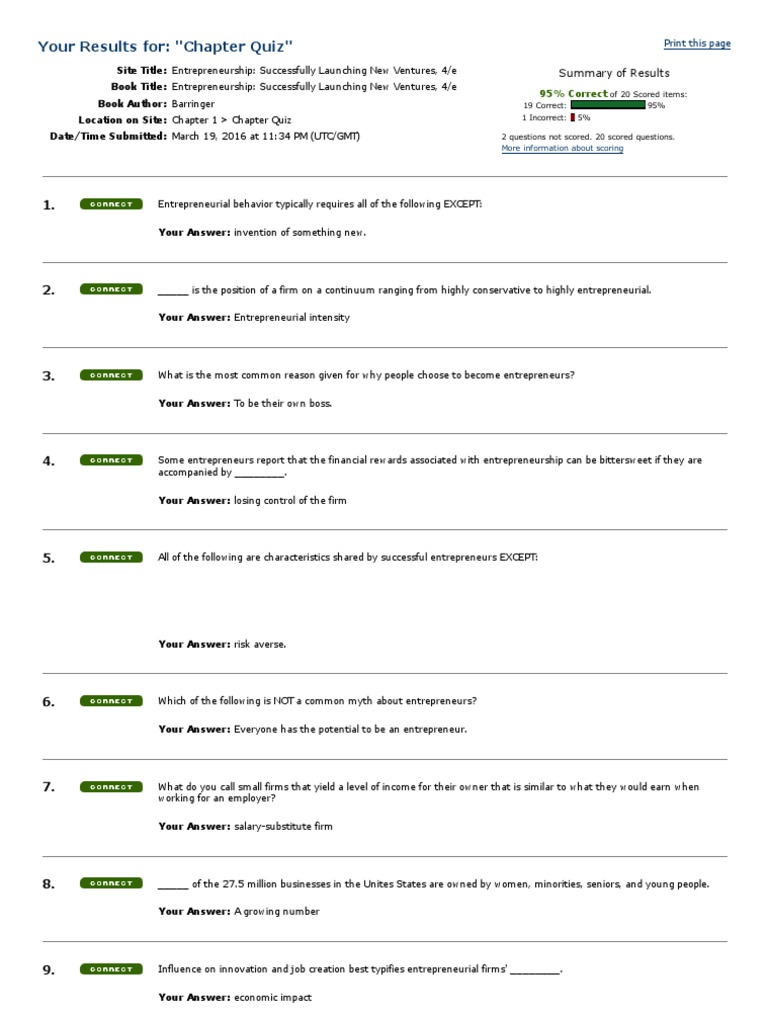 Chapter Quiz for Entrepreneurship 4/e | PDF | Entrepreneurship | Cognition